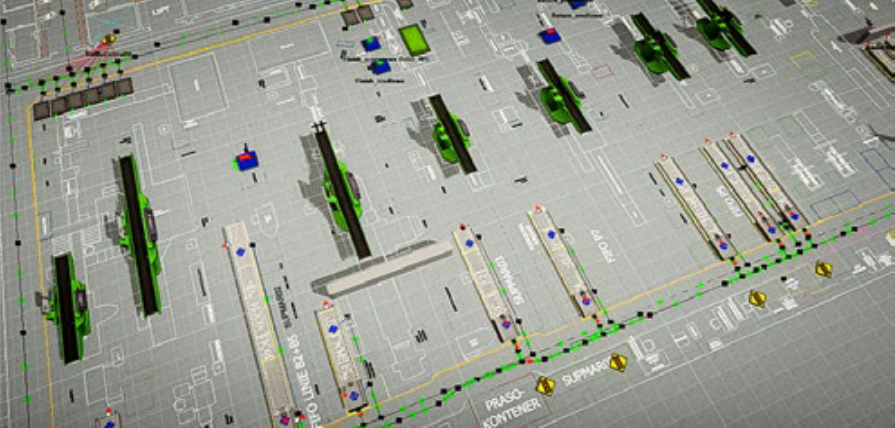 Automated pallet transport system using AGVs/AMRs. Process simulation ...